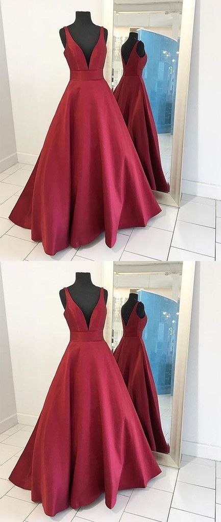 Plus Size Burgundy Satin Long Prom Dress A Line Women Prom Party Gowns ...