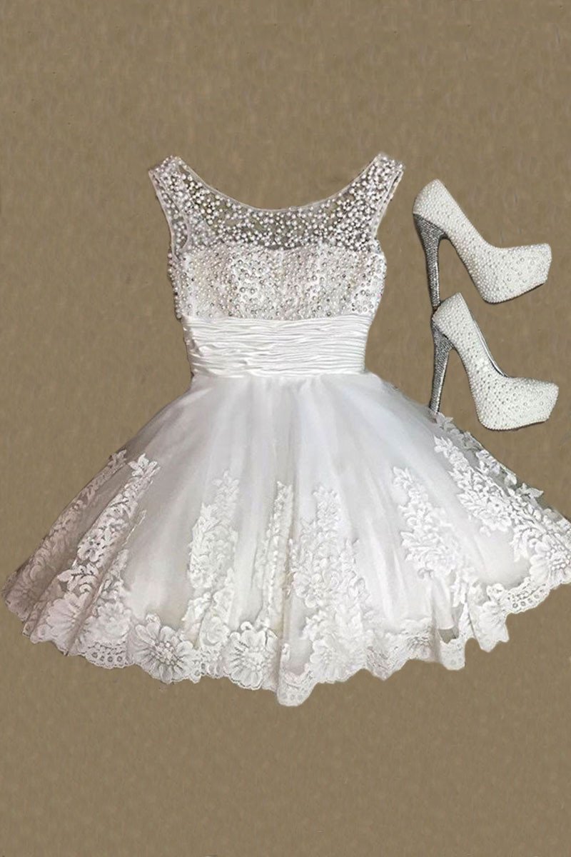 Charming White Scoop Neck Pearls Short Homecoming Dress Above Length ...