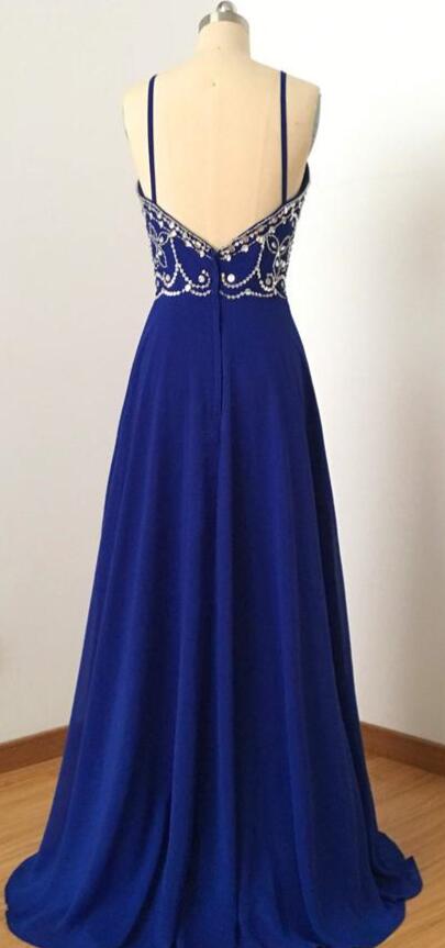 Stunning Beaded Crystal Royal Blue Satin Long Prom Dress Plus Size Prom ...