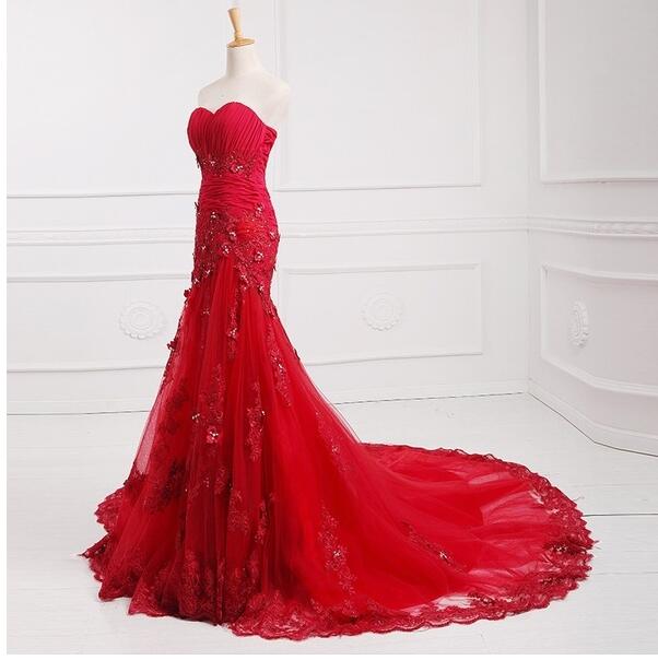 Off Shoulder Lace Appliqued Mermaid Wedding Dresses Custom Made Red ...