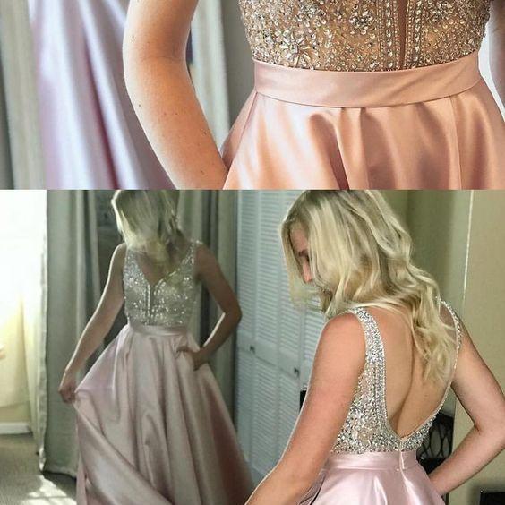 A-line V-neck Backless Long Pink Prom Dress With Beading Pockets ...