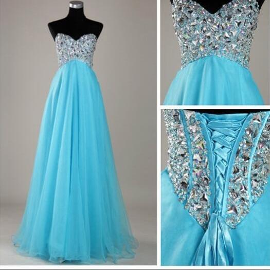 Charming A Line Long Prom Dresses Turquoise Chiffon Crystal Beaded ...