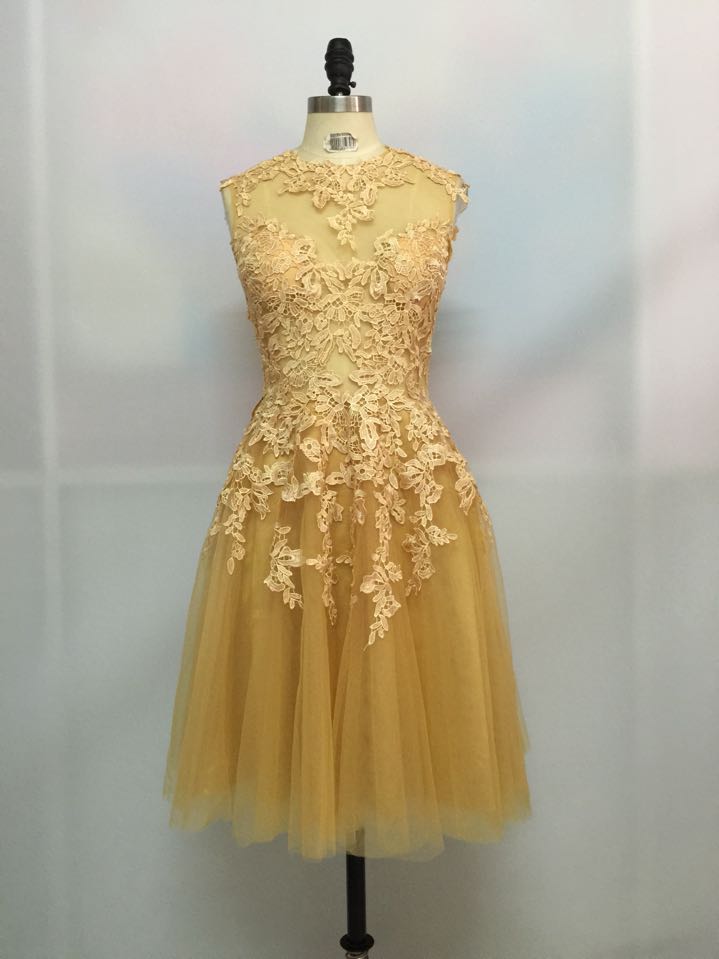 Unique Sexy Champange Lace Tulle Short Backless Prom Dress, Lace Prom ...