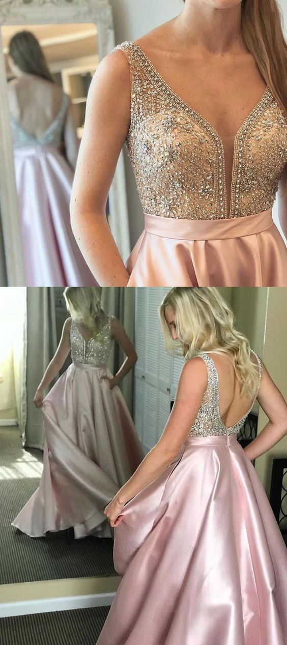 A-line V-neck Backless Long Pink Prom Dress With Beading Pockets ...