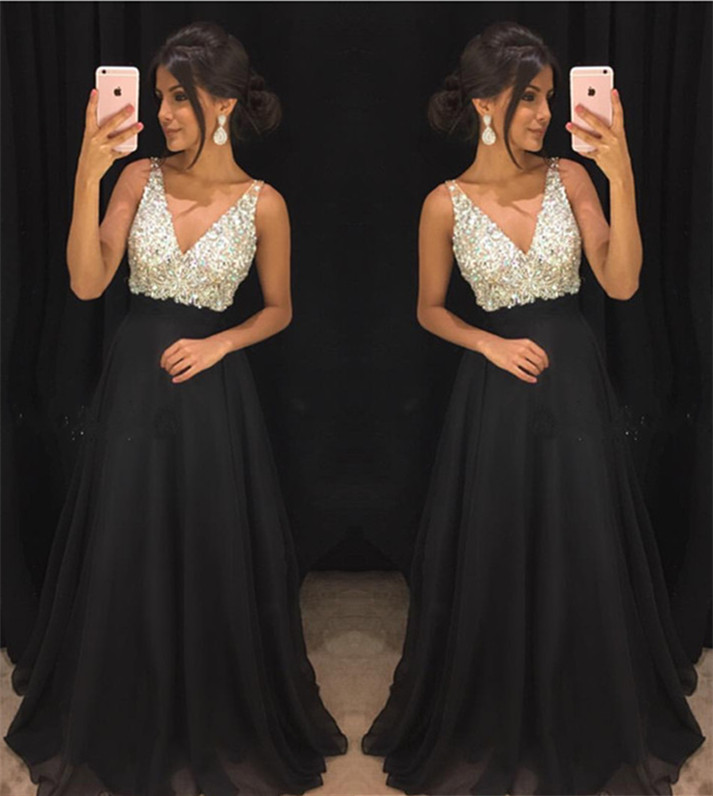 Sexyv Neck Black Chiffon Beaded Crystal Long Prom Dress A Line Women Party Gowns Custom Made