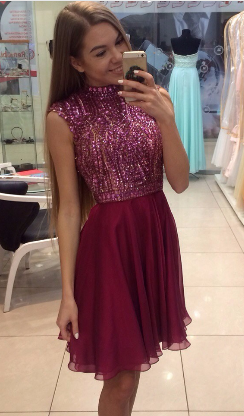 Sparkly Beaded Crystal Short Homecoming Dess High Neck Mini Prom Party ...